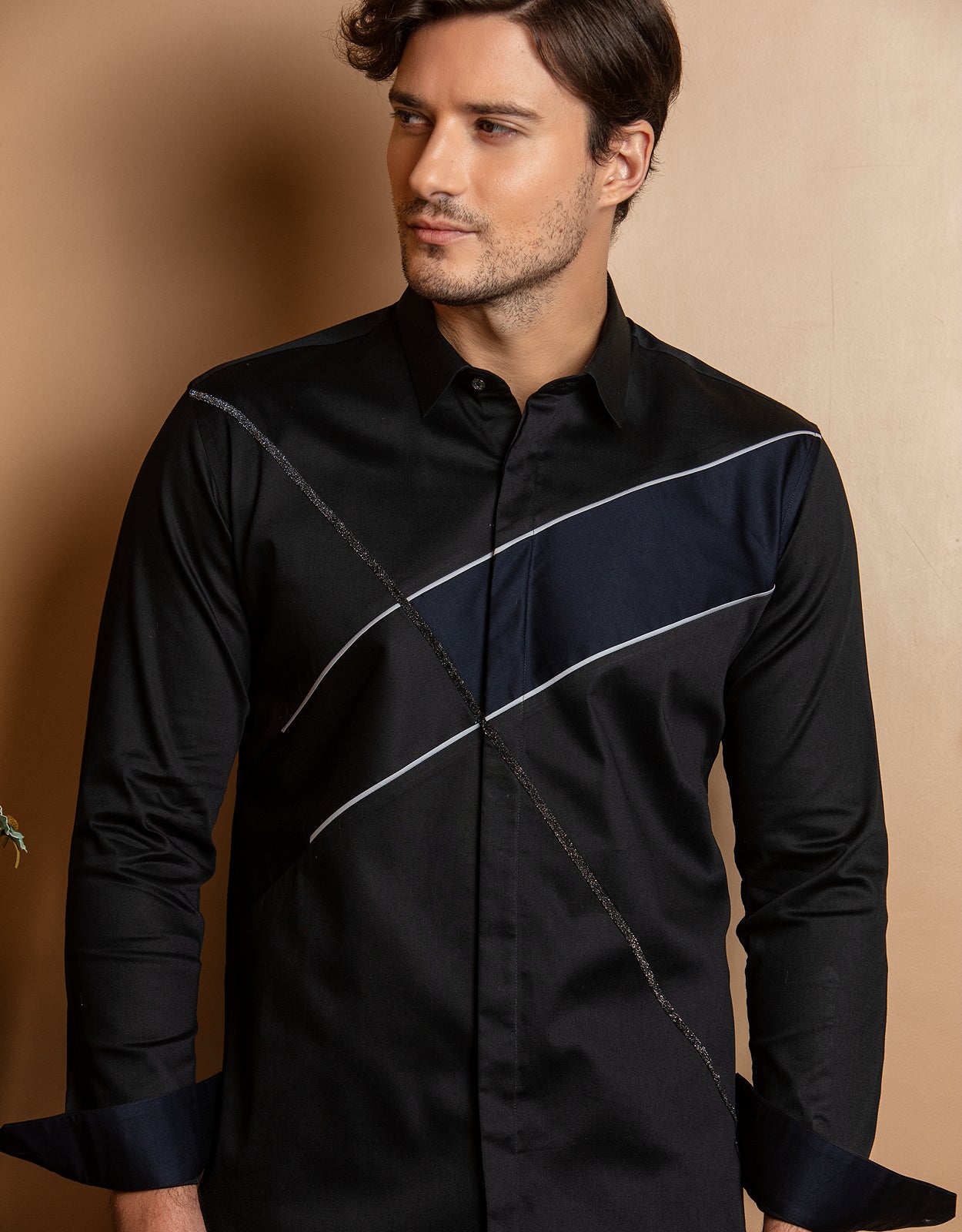 SHIMMER EMBROIDERY BLACK SHIRT