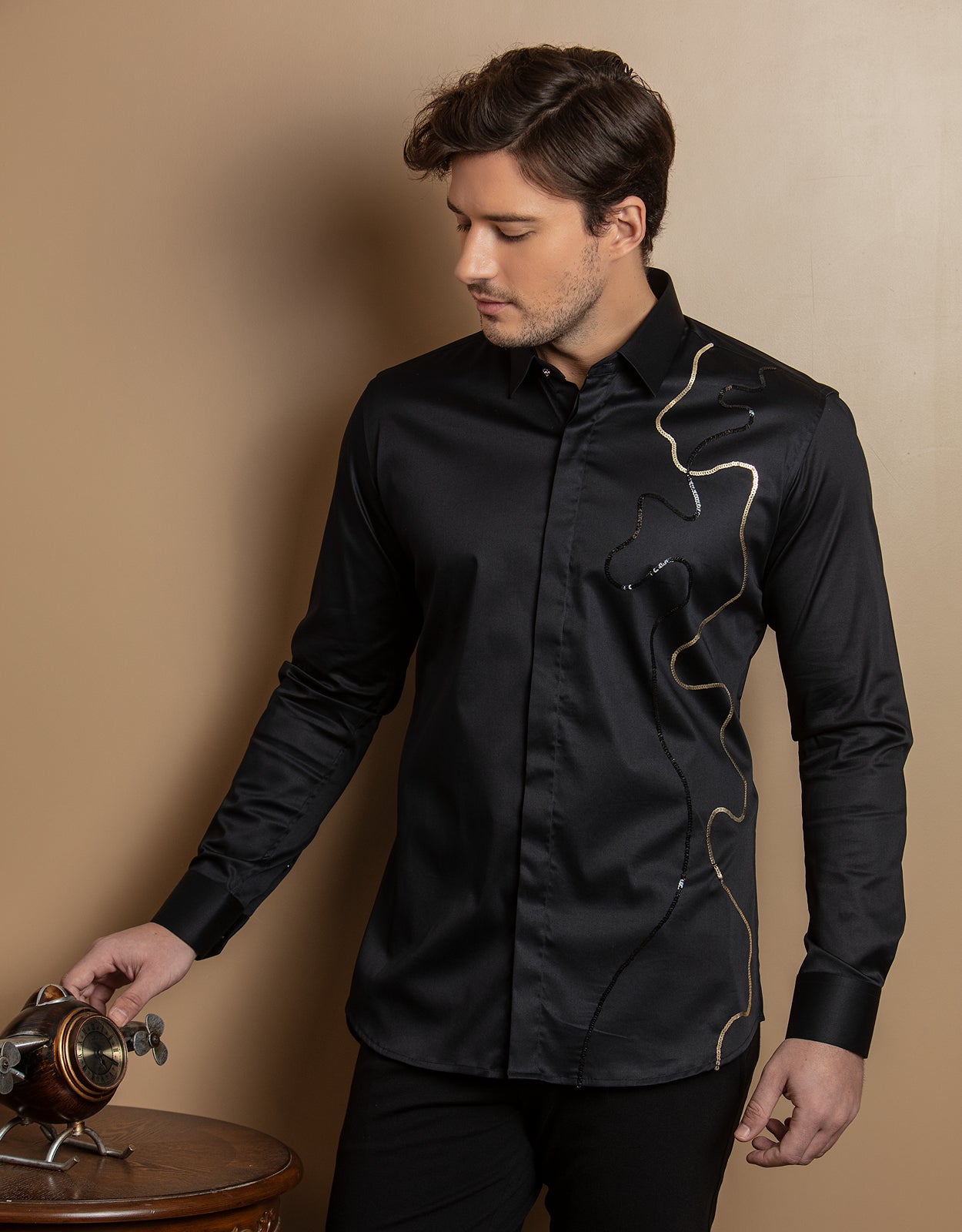 GOLDEN BLACK SEQUENCE EMBROIDERY SHIRT