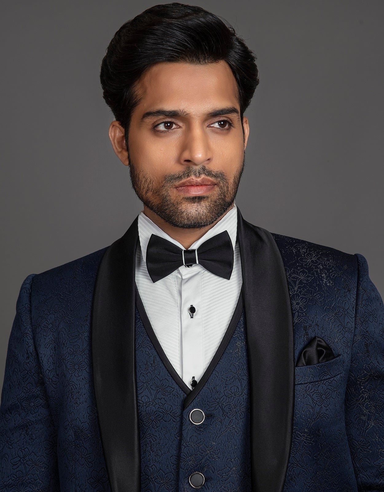 FLORAL JACQUARD NAVY BLUE TUXEDO SUIT