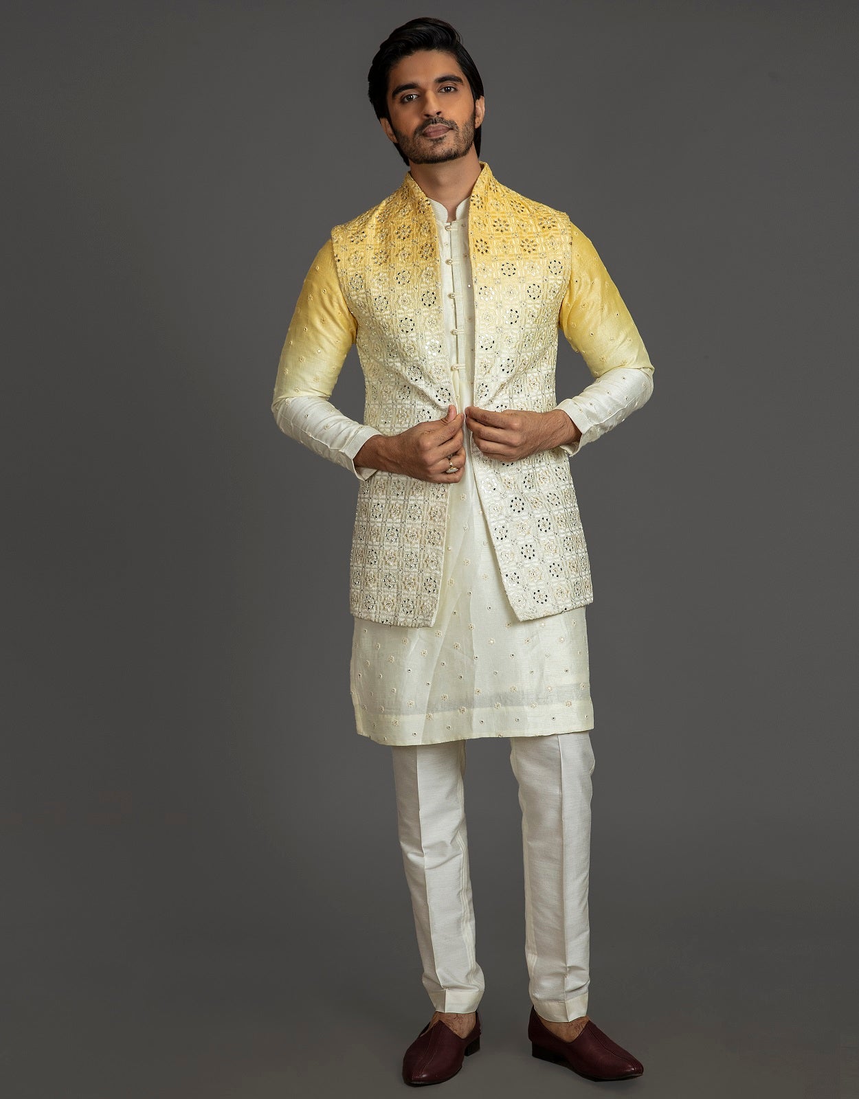 OMBRE DYED MIRROR WORK OPEN YELLOW BUNDI SET – Telon India